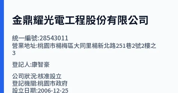 金鼎耀光電工程股份有限公司的照片-統編 28543011(桃園市) 公司登記資料與營業項目詳細圖表