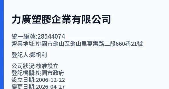 力廣塑膠企業有限公司的照片-統編 28544074(桃園市) 公司登記資料與營業項目詳細圖表