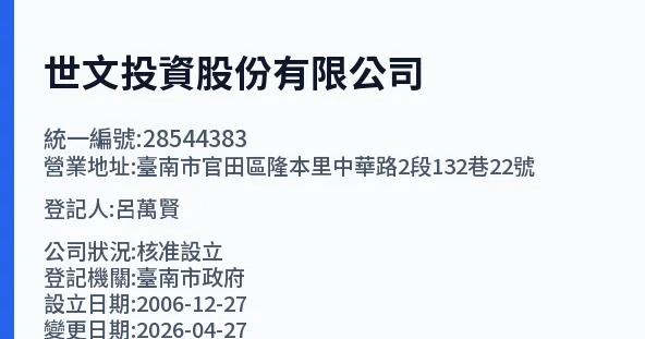 世文投資股份有限公司的照片-統編 28544383(臺南市) 公司登記資料與營業項目詳細圖表