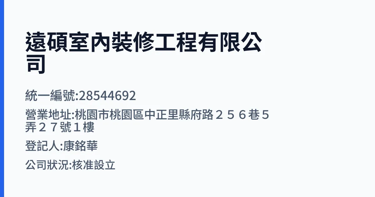 遠碩室內裝修工程有限公司 - 統編 28544692(桃園市) 公司登記資料與營業項目詳細圖表