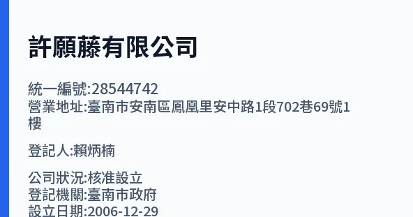 許願藤有限公司的照片-統編 28544742(臺南市) 公司登記資料與營業項目詳細圖表