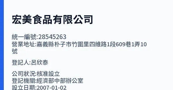 宏美食品有限公司的照片-統編 28545263(嘉義縣) 公司登記資料與營業項目詳細圖表