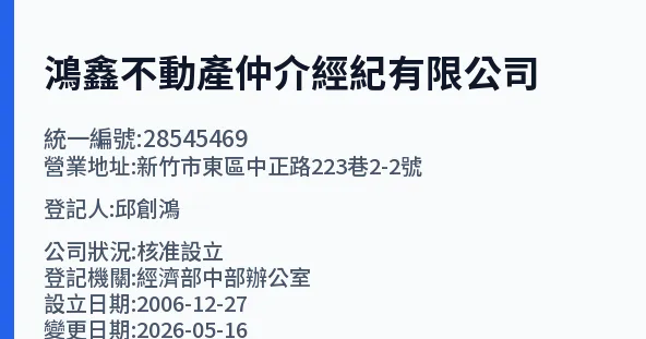鴻鑫不動產仲介經紀有限公司的照片-統編 28545469(新竹市) 公司登記資料與營業項目詳細圖表