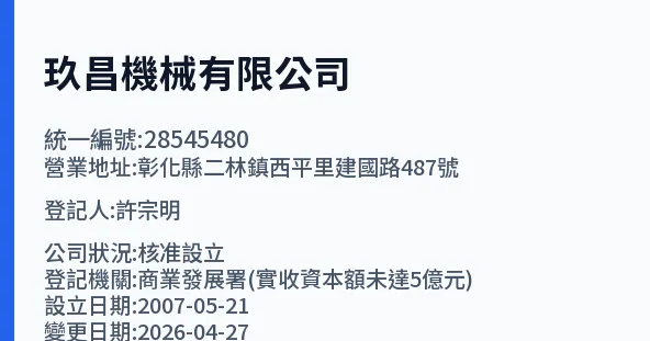 玖昌機械有限公司的照片-統編 28545480(彰化縣) 公司登記資料與營業項目詳細圖表