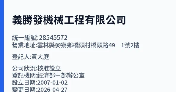 義勝發機械工程有限公司的照片-統編 28545572(雲林縣) 公司登記資料與營業項目詳細圖表