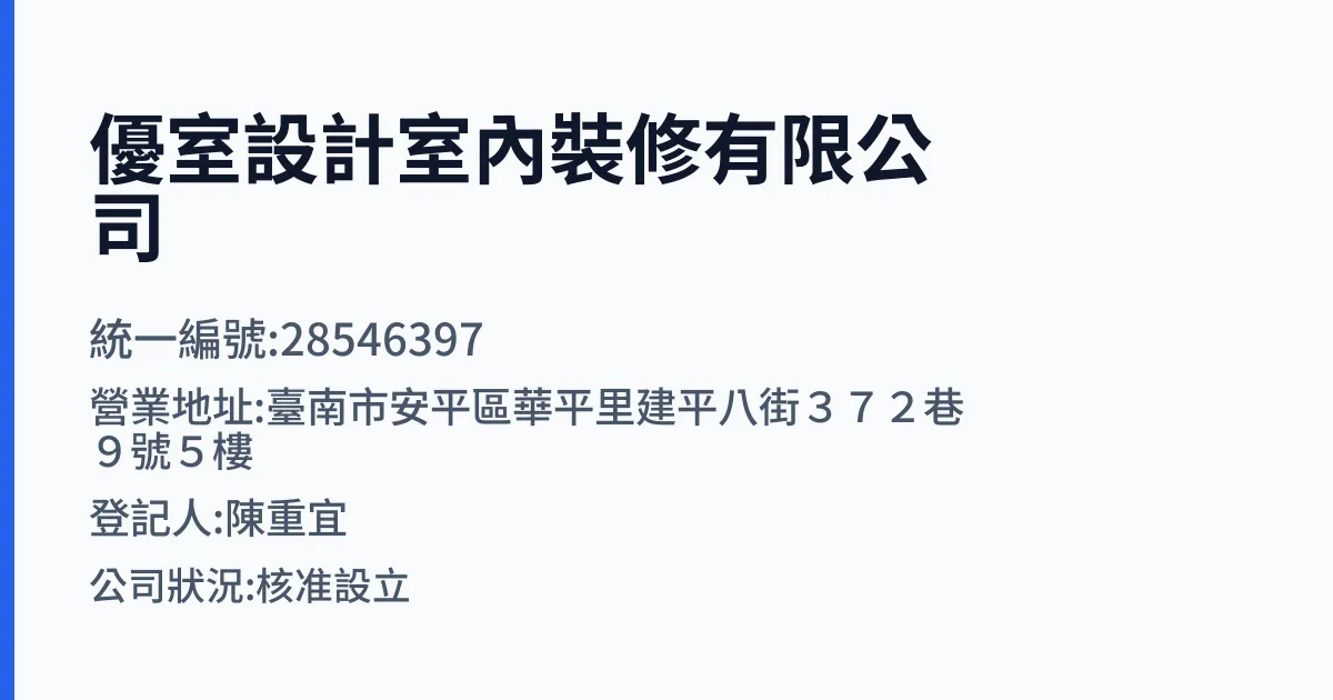 優室設計室內裝修有限公司 - 統編 28546397(臺南市) 公司登記資料與營業項目詳細圖表