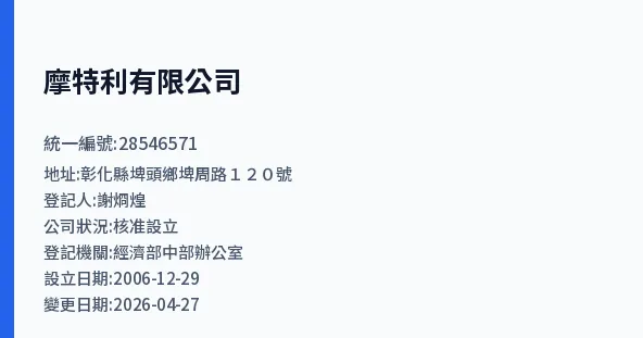 摩特利有限公司的照片-統編 28546571(彰化縣) 公司登記資料與營業項目詳細圖表
