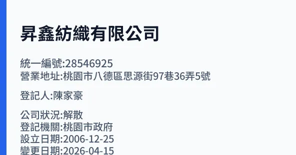 昇鑫紡織有限公司的照片-統編 28546925(桃園市) 公司登記資料與營業項目詳細圖表