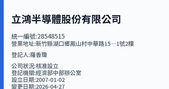 立鴻半導體股份有限公司的照片-統編 28548515(新竹縣) 公司登記資料與營業項目詳細圖表