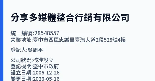 分享多媒體整合行銷有限公司的照片-統編 28548557(臺中市) 公司登記資料與營業項目詳細圖表