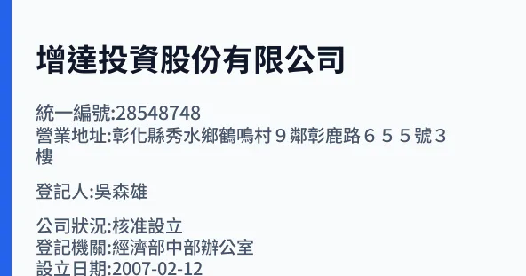 增達投資股份有限公司的照片-統編 28548748(彰化縣) 公司登記資料與營業項目詳細圖表