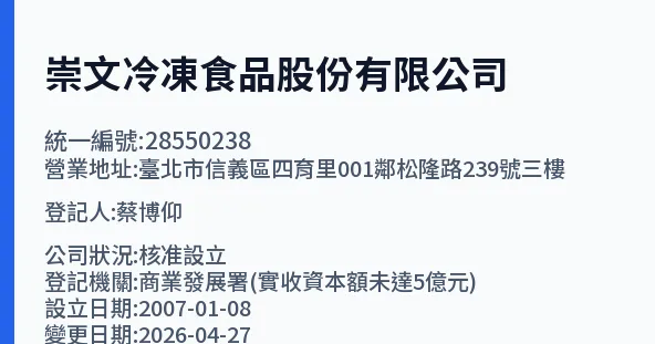 崇文冷凍食品股份有限公司的照片-統編 28550238(臺北市) 公司登記資料與營業項目詳細圖表