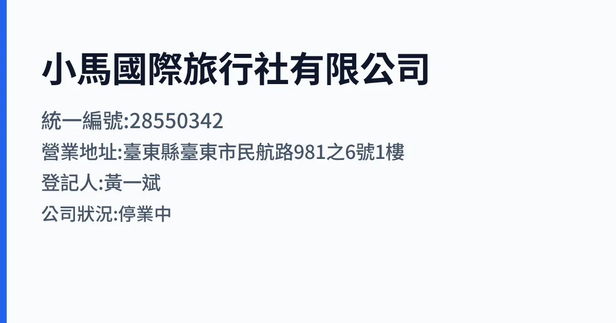 小馬國際旅行社有限公司 - 統編 28550342（臺東縣） 公司登記資料與營業項目詳細圖表