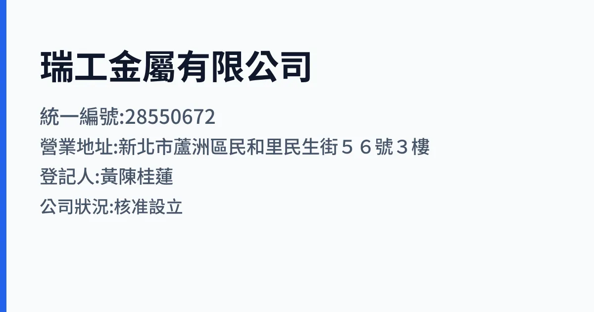 瑞工金屬有限公司 - 統編 28550672(新北市) 公司登記資料與營業項目詳細圖表