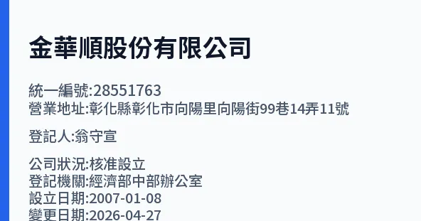 金華順股份有限公司的照片-統編 28551763(彰化縣) 公司登記資料與營業項目詳細圖表
