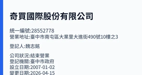 奇買國際股份有限公司的照片-統編 28552778(臺中市) 公司登記資料與營業項目詳細圖表