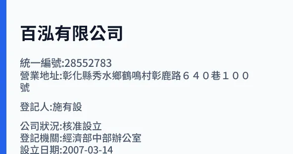 百泓有限公司的照片-統編 28552783(彰化縣) 公司登記資料與營業項目詳細圖表