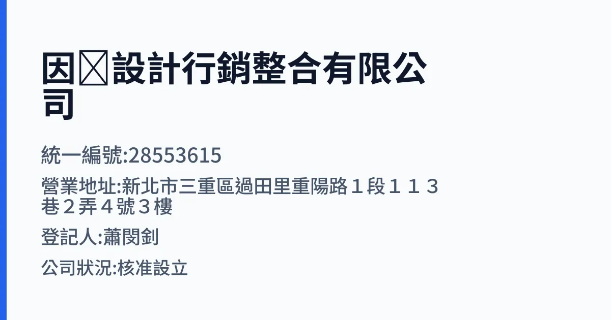 因爲設計行銷整合有限公司 - 統編 28553615(新北市) 公司登記資料與營業項目詳細圖表