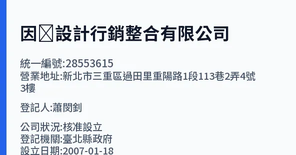 因爲設計行銷整合有限公司的照片-統編 28553615(新北市) 公司登記資料與營業項目詳細圖表