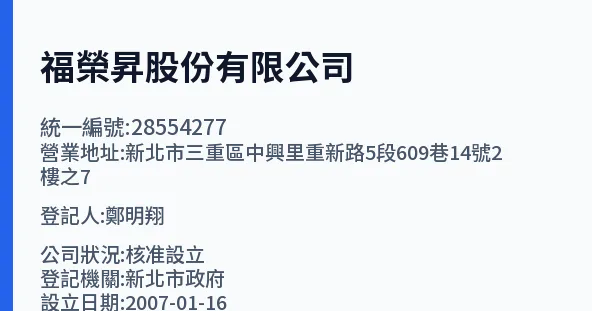 福榮昇股份有限公司的照片-統編 28554277(新北市) 公司登記資料與營業項目詳細圖表