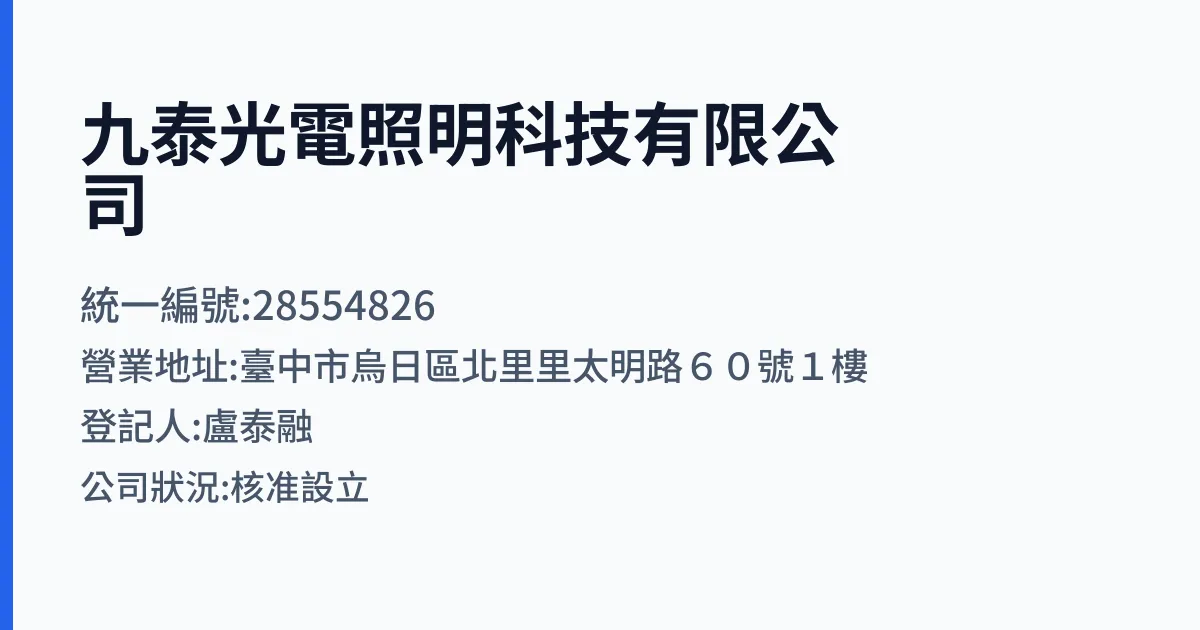 九泰光電照明科技有限公司 - 統編 28554826(臺中市) 公司登記資料與營業項目詳細圖表
