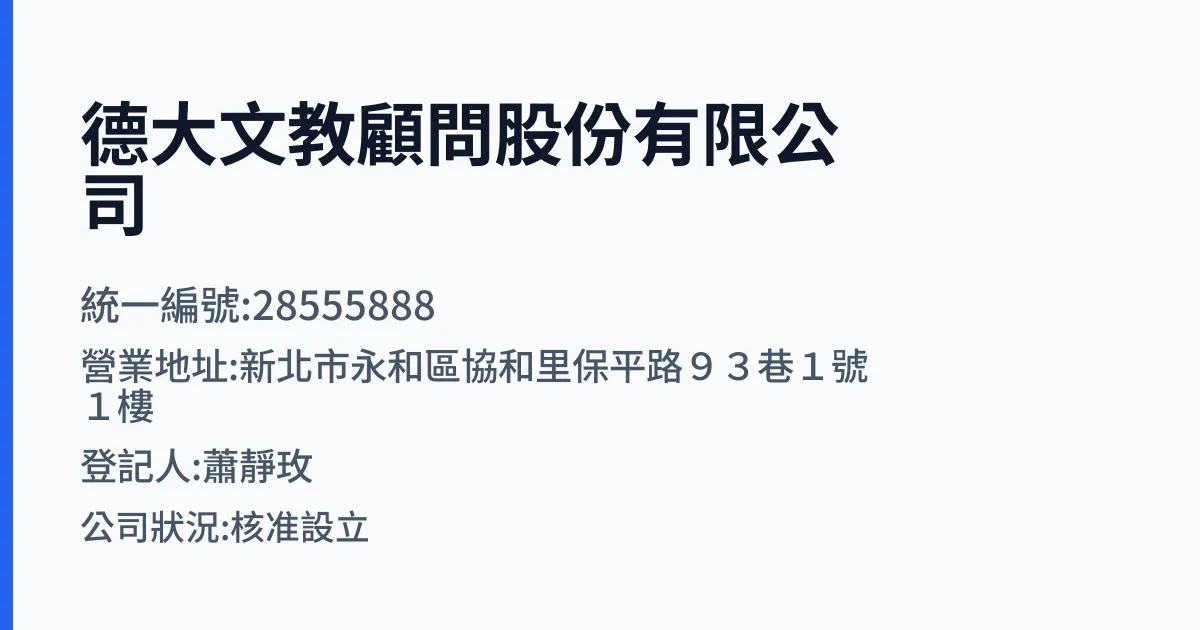德大文教顧問股份有限公司 - 統編 28555888(新北市) 公司登記資料與營業項目詳細圖表