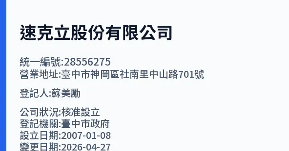 速克立股份有限公司的照片-統編 28556275(臺中市) 公司登記資料與營業項目詳細圖表