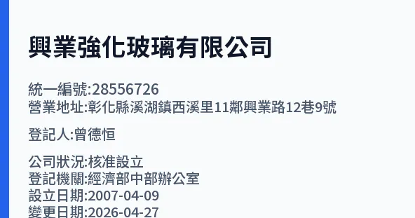 興業強化玻璃有限公司的照片-統編 28556726(彰化縣) 公司登記資料與營業項目詳細圖表