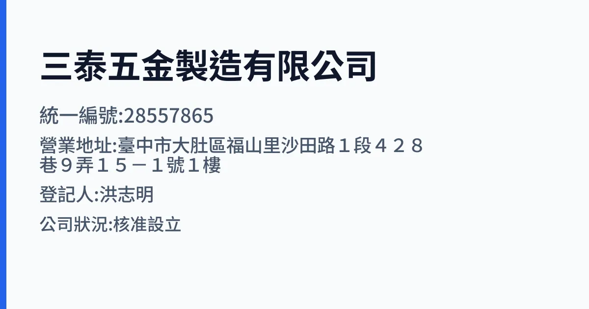 三泰五金製造有限公司 - 統編 28557865(臺中市) 公司登記資料與營業項目詳細圖表