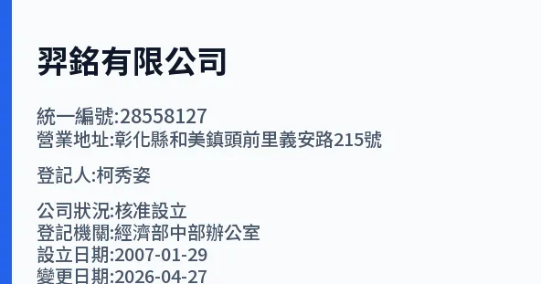 羿銘有限公司的照片-統編 28558127(彰化縣) 公司登記資料與營業項目詳細圖表