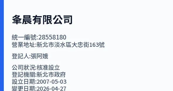 夆晨有限公司的照片-統編 28558180(新北市) 公司登記資料與營業項目詳細圖表