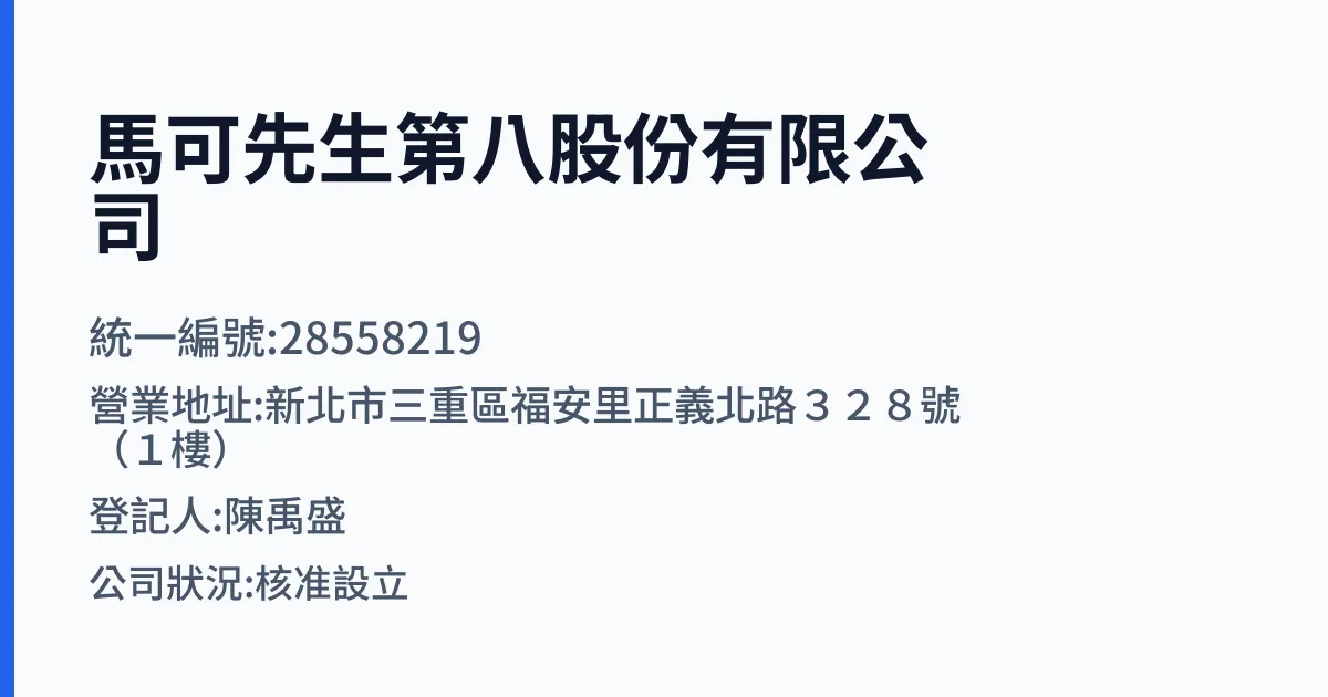 馬可先生第八股份有限公司 - 統編 28558219(新北市) 公司登記資料與營業項目詳細圖表