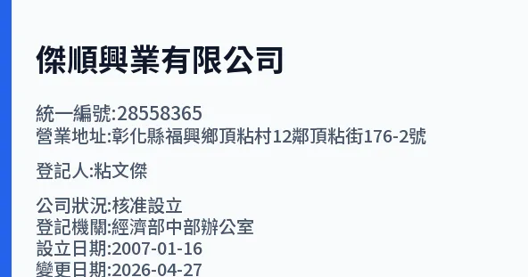 傑順興業有限公司的照片-統編 28558365(彰化縣) 公司登記資料與營業項目詳細圖表