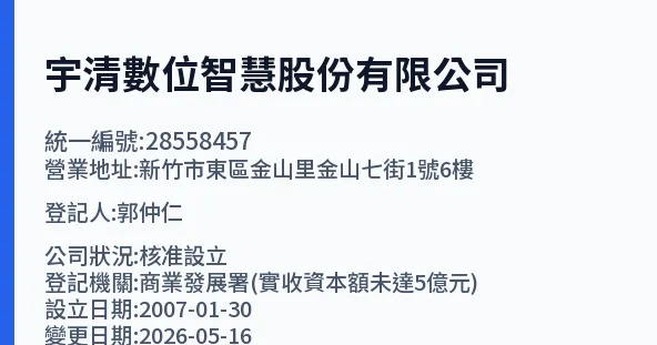 宇清數位智慧股份有限公司的照片-統編 28558457(新竹市) 公司登記資料與營業項目詳細圖表