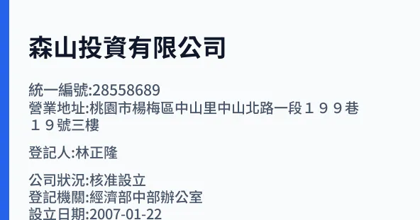 森山投資有限公司的照片-統編 28558689(新竹縣) 公司登記資料與營業項目詳細圖表