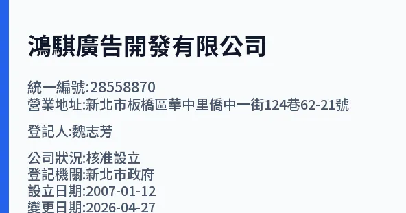 鴻騏廣告開發有限公司的照片-統編 28558870(新北市) 公司登記資料與營業項目詳細圖表