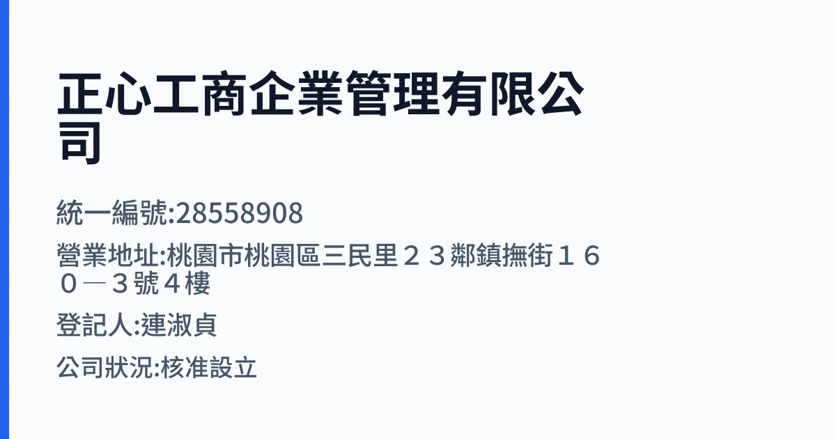 正心工商企業管理有限公司 - 統編 28558908(桃園市) 公司登記資料與營業項目詳細圖表
