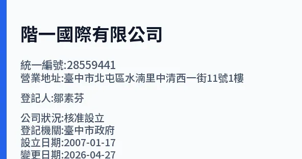 階一國際有限公司的照片-統編 28559441(臺中市) 公司登記資料與營業項目詳細圖表