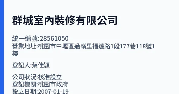 群城室內裝修有限公司的照片-統編 28561050(桃園市) 公司登記資料與營業項目詳細圖表