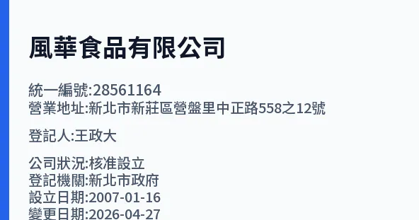 風華食品有限公司的照片-統編 28561164(新北市) 公司登記資料與營業項目詳細圖表
