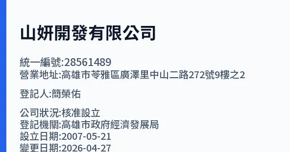 山妍開發有限公司的照片-統編 28561489(高雄市) 公司登記資料與營業項目詳細圖表