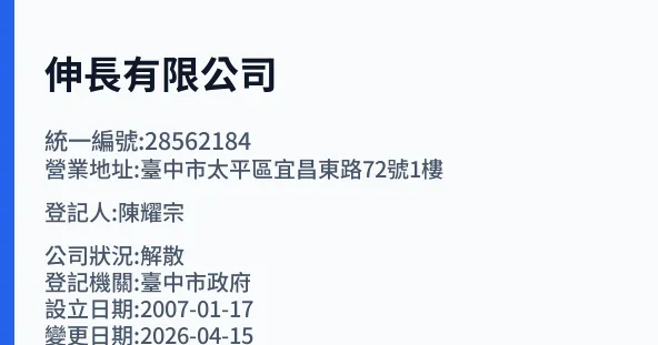 伸長有限公司的照片-統編 28562184(臺中市) 公司登記資料與營業項目詳細圖表