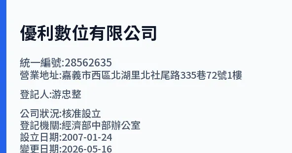 優利數位有限公司的照片-統編 28562635(嘉義市) 公司登記資料與營業項目詳細圖表
