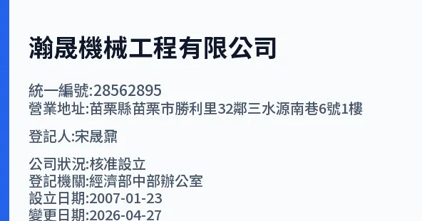 瀚晟機械工程有限公司的照片-統編 28562895(苗栗縣) 公司登記資料與營業項目詳細圖表