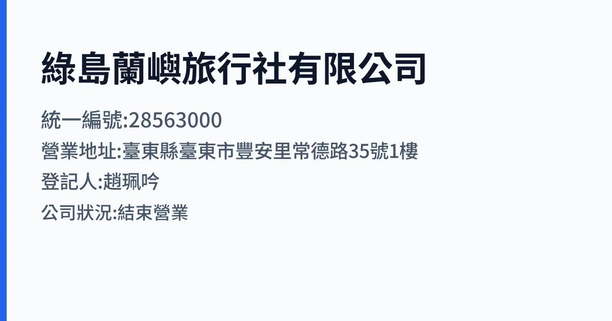 綠島蘭嶼旅行社有限公司 - 統編 28563000(臺東縣) 公司登記資料與營業項目詳細圖表