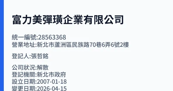 富力美彈璜企業有限公司的照片-統編 28563368(新北市) 公司登記資料與營業項目詳細圖表