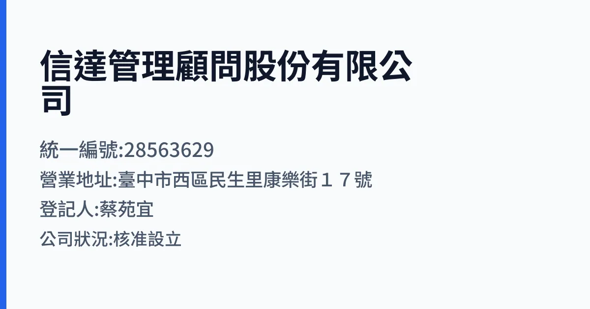 信達管理顧問股份有限公司 - 統編 28563629(臺中市) 公司登記資料與營業項目詳細圖表