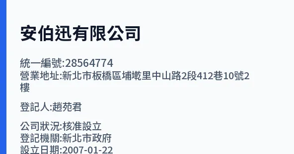 安伯迅有限公司的照片-統編 28564774(新北市) 公司登記資料與營業項目詳細圖表