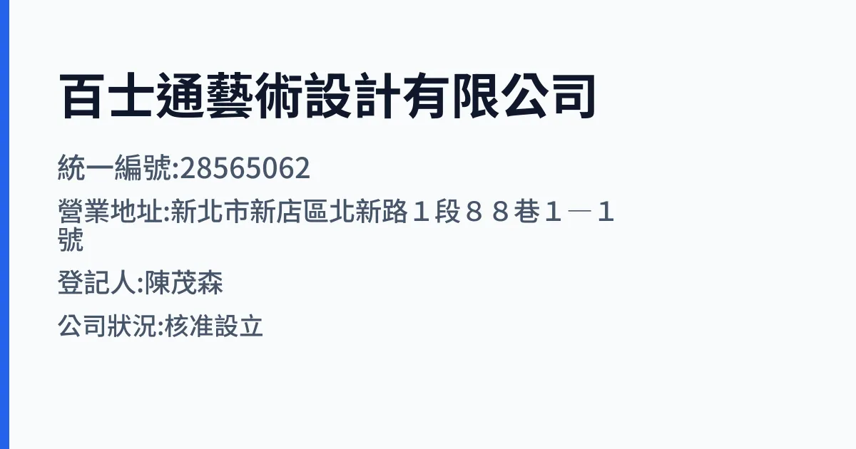 百士通藝術設計有限公司 - 統編 28565062(新北市) 公司登記資料與營業項目詳細圖表