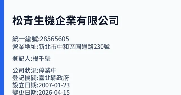 松青生機企業有限公司的照片-統編 28565605(新北市) 公司登記資料與營業項目詳細圖表
